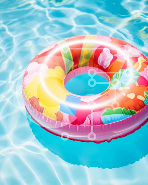 Colorful Inflatable Pool Ring in Blue Swimming Pool stock photo ...