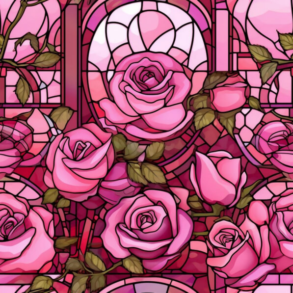 Download Stained Glass Window with Pink Roses and Green Leaves Patterns ...