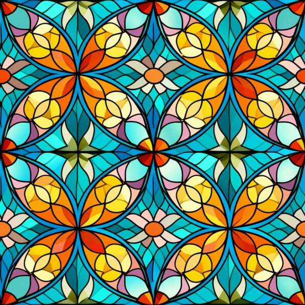 Download Colorful Stained Glass Pattern with Flowers and Leaves on Blue ...
