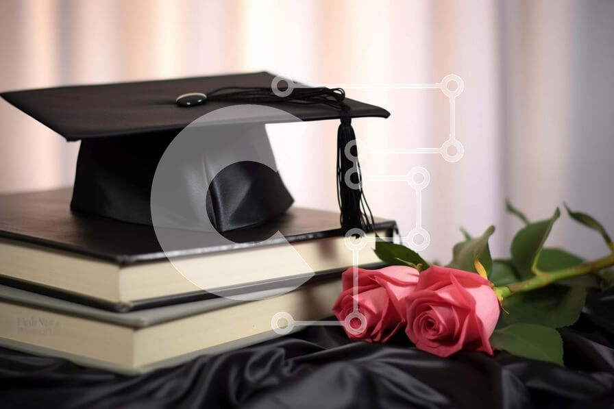 Symbolic Graduation Scene with Cap, Books, and Rose stock photo ...