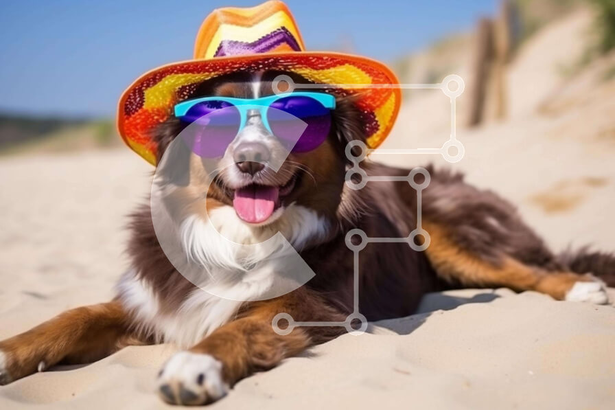 Verspielter Hund am Strand mit buntem Hut und Sonnenbrille Stockfoto ...