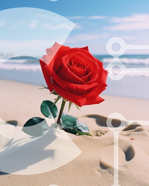 Rote Rose am Strand mit Muscheln Stockfoto | Creative Fabrica