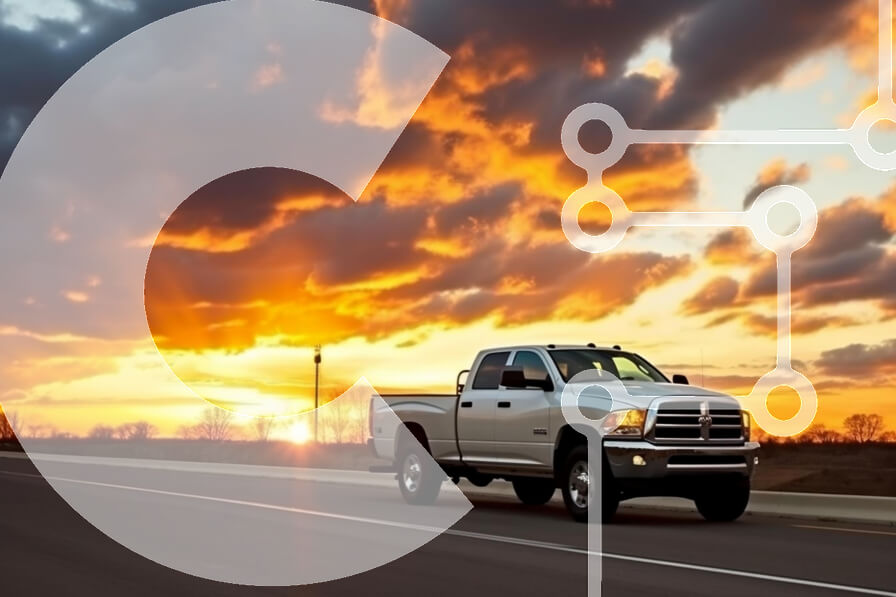 White Pickup Truck Driving into the Sunset on a Highway stock photo ...