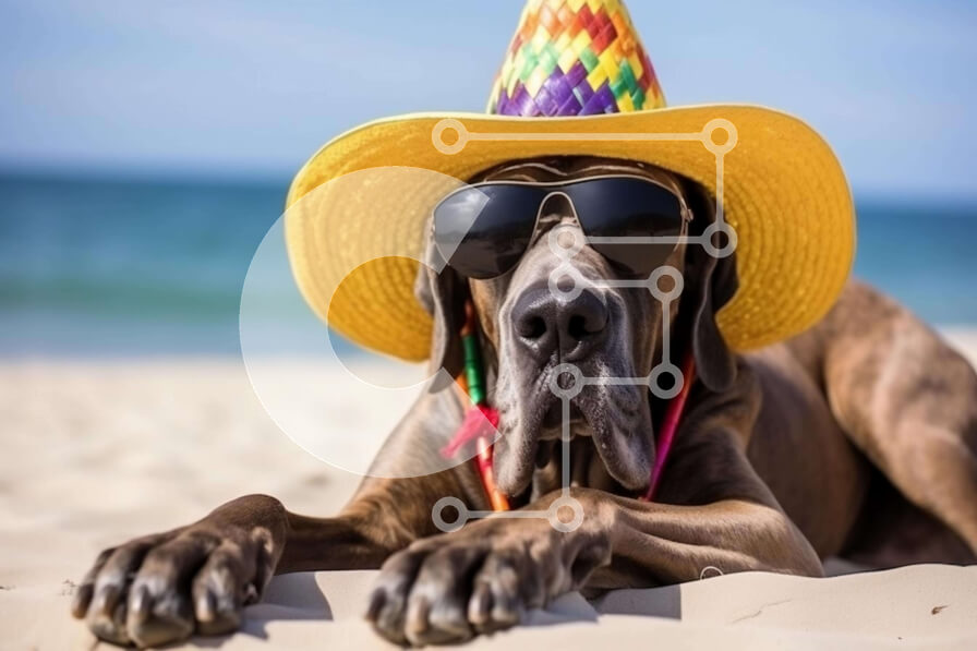 Hund am Strand mit gelbem Hut und Sonnenbrille Stockfoto | Creative Fabrica