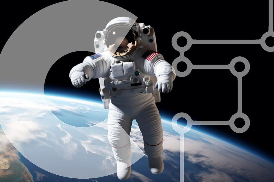 Astronaut Floating Above Earth with Satellites stock photo | Creative ...