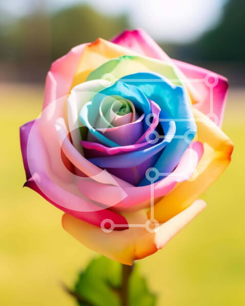 Vibrant Rainbow-Colored Rose on Green Grass stock photo | Creative Fabrica