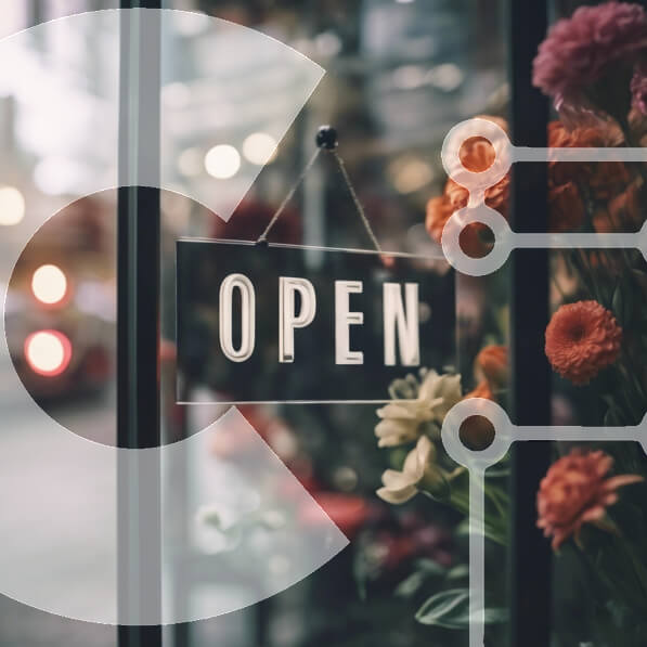 Shop Window with Flowers and Open Sign stock photo | Creative Fabrica