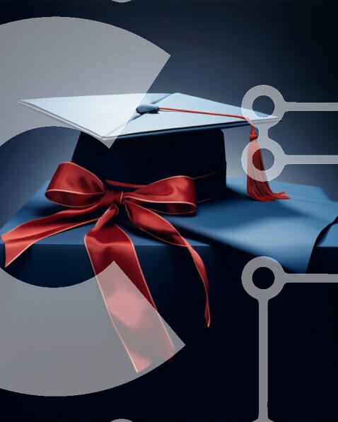 Image de célébration de la toque de graduation bleue et du ruban rouge ...