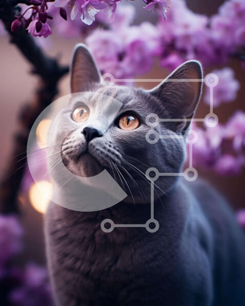 Curious Gray Cat and Purple Blossoms stock photo | Creative Fabrica