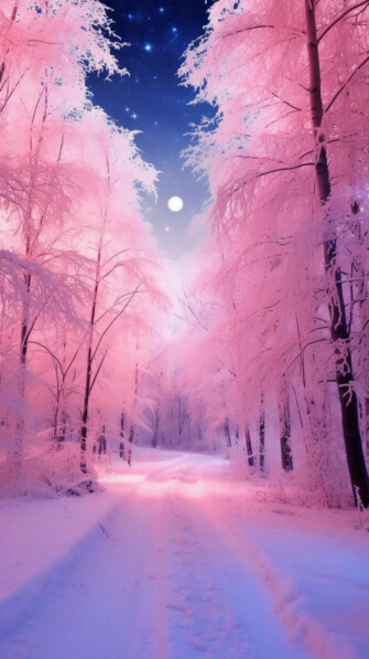 Download Snowy Forest with Pink Snow and Bright Moon Backgrounds Online ...