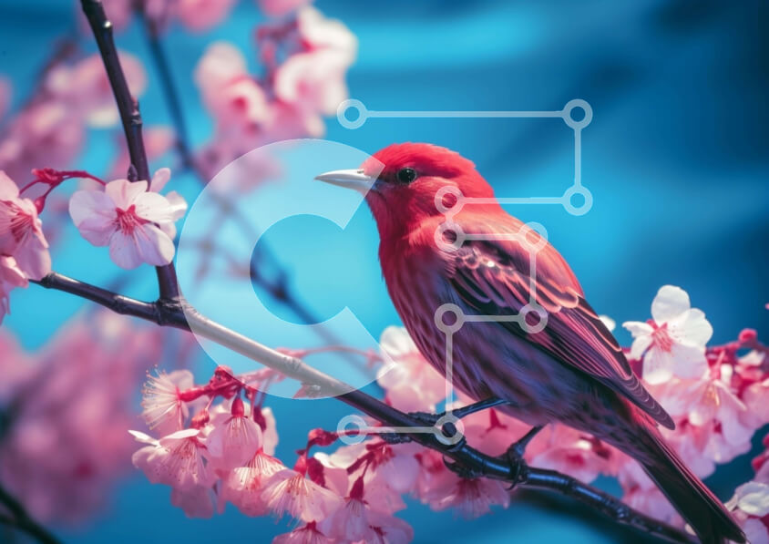 Red Bird on Cherry Tree Branch stock photo | Creative Fabrica