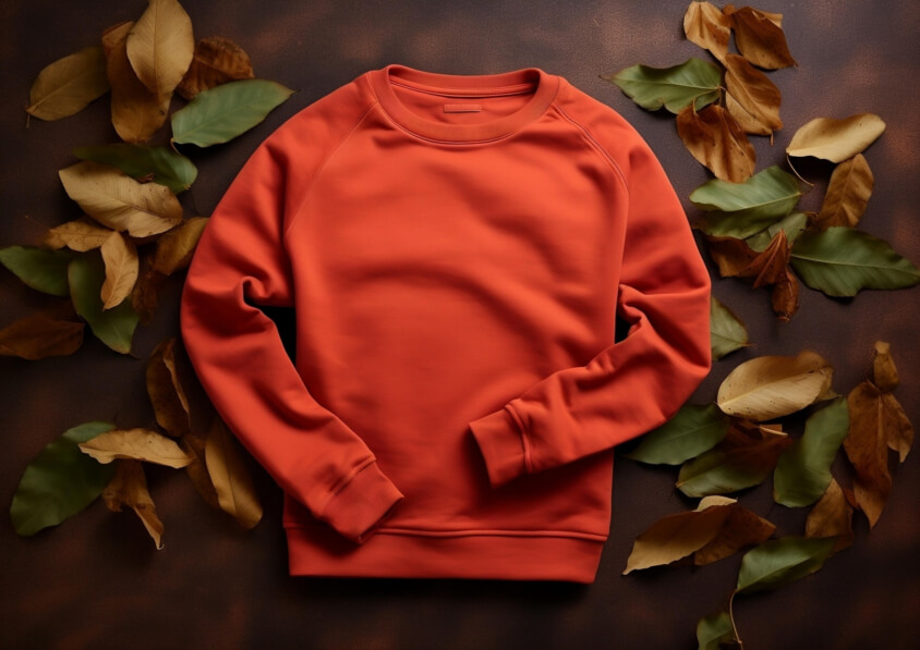 Download Cozy Orange Sweatshirt on Brown Background with Leaves Mockups ...