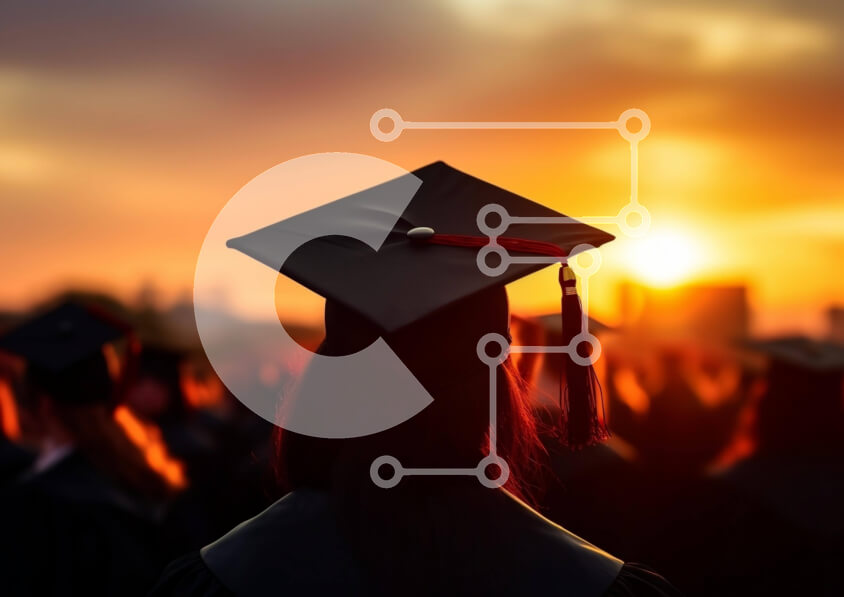 Group of Graduates at Sunset in Graduation Caps and Gowns stock photo ...