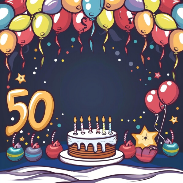 Download 50th Birthday Card with Cake, Balloons, and Stars Backgrounds Online - Creative Fabrica