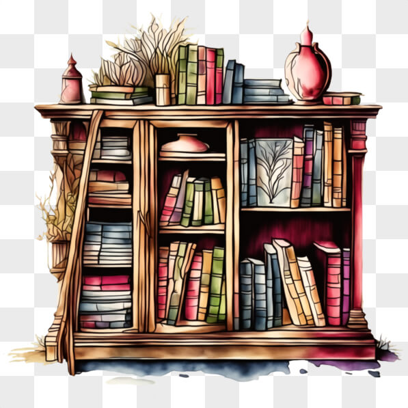 Download Colorful Drawing of Bookcase with Books and Vase PNGs Online ...