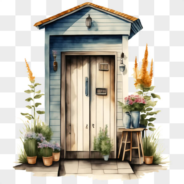 Download Small Blue Outhouse in Garden PNGs Online - Creative Fabrica