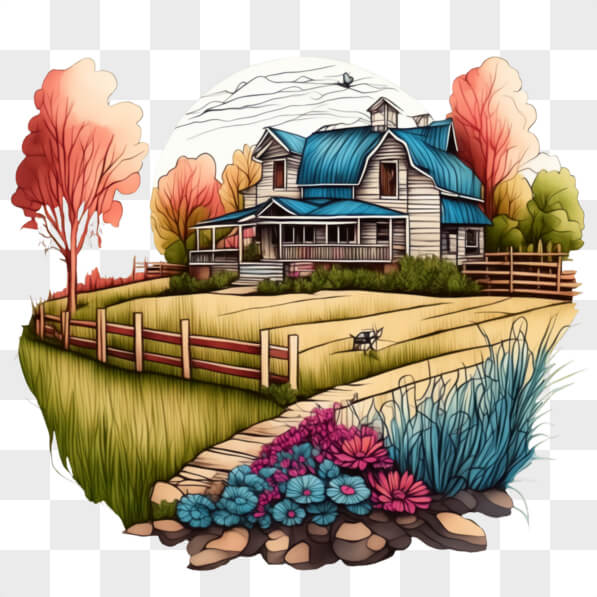 Download Colorful Illustration of an Idyllic Farm Scene PNGs Online ...