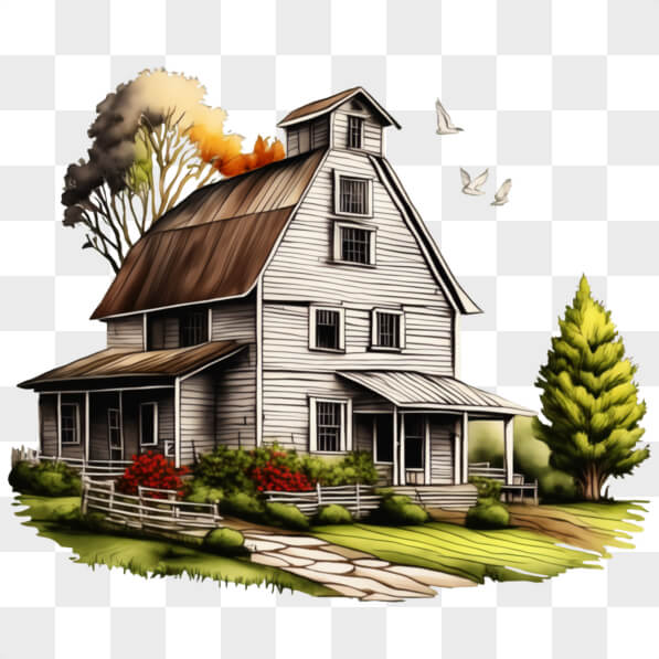 Download Serene White Farmhouse in the Countryside with Birds PNGs ...