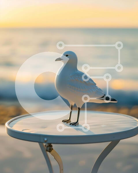 White Seagull on Outdoor Table Near Ocean stock photo | Creative Fabrica