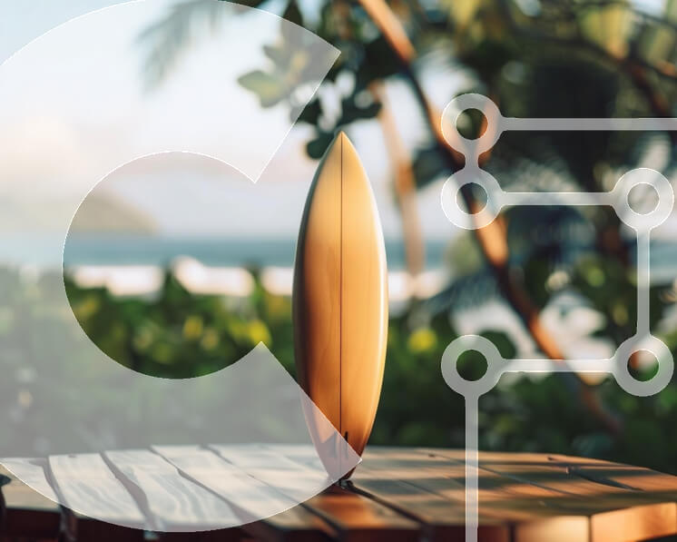 Surfboard on Wooden Table by the Ocean stock photo | Creative Fabrica