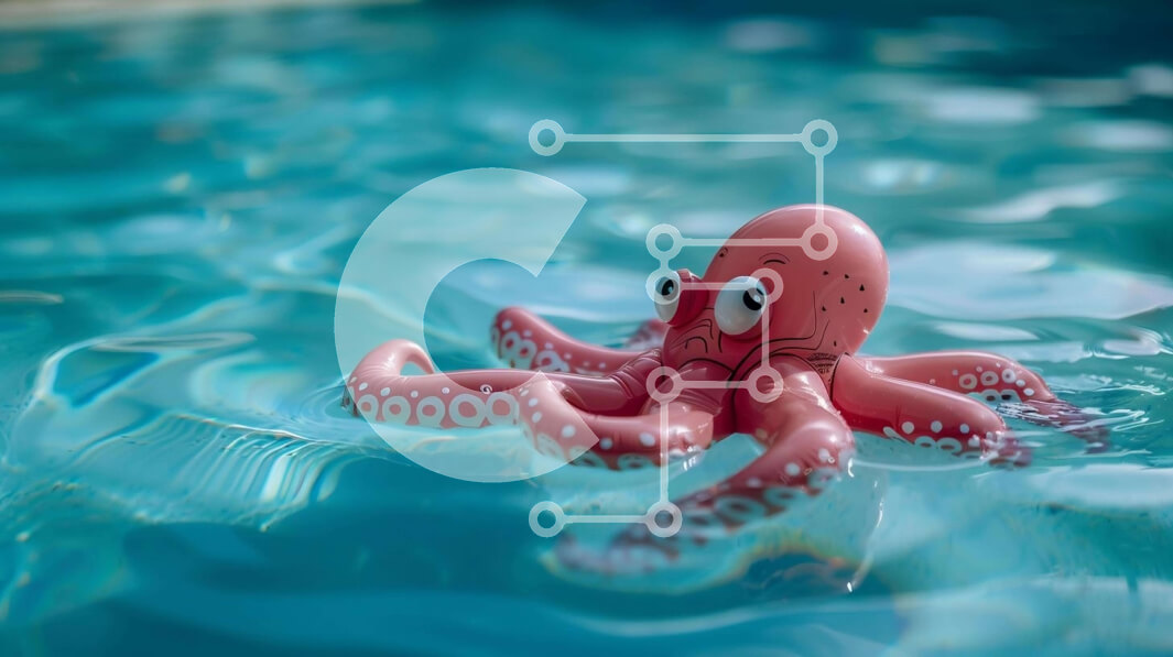 Colorful Pink Octopus Toy in Pool with Small Fish stock photo ...