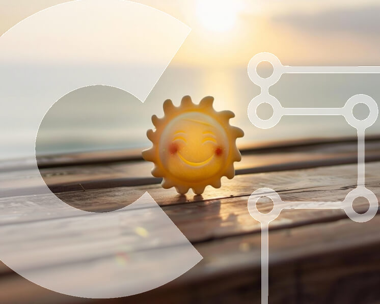 Toy Sun on Wooden Table Near Ocean stock photo | Creative Fabrica