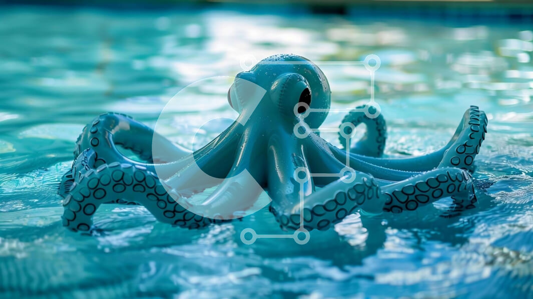 Blue Octopus Toy in Pool with Swimmers stock photo | Creative Fabrica