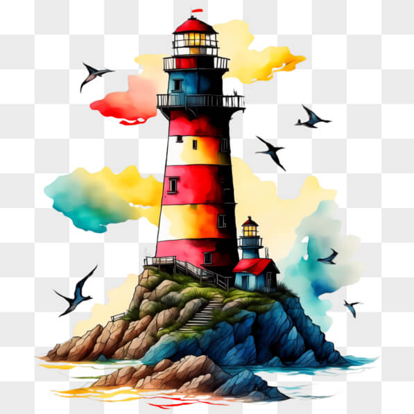 Download Colorful Lighthouse on Island with Birds PNGs Online ...