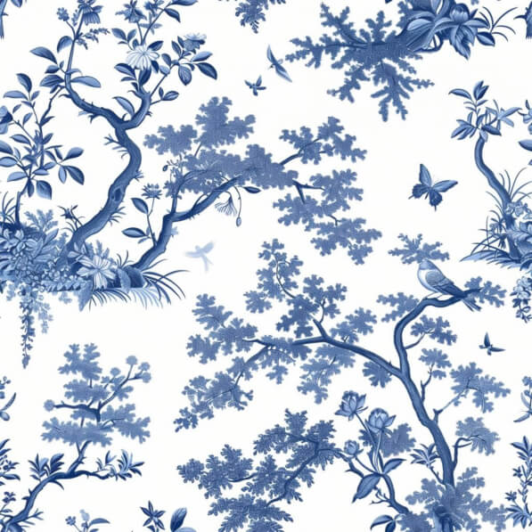 Download Blue and White Floral Pattern with Trees, Flowers, Butterflies ...