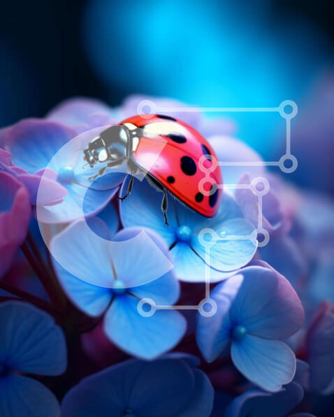 Download Ladybug on Blue Flowers Stockphotos Online - Creative Fabrica