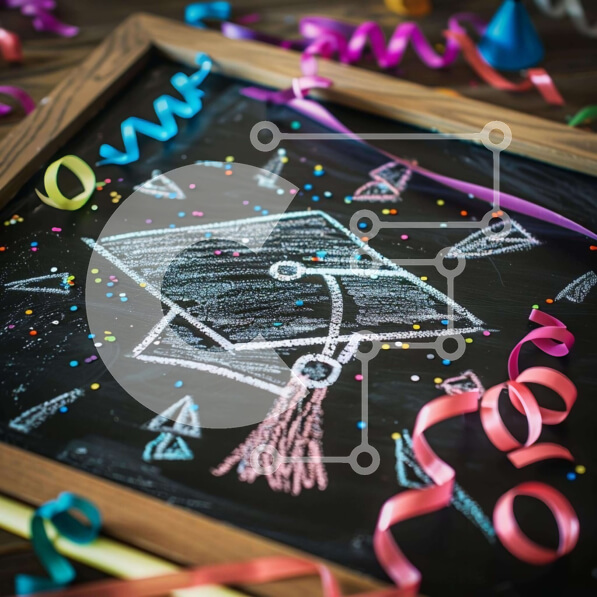 Tableau noir avec toque de graduation et décorations festives photo ...