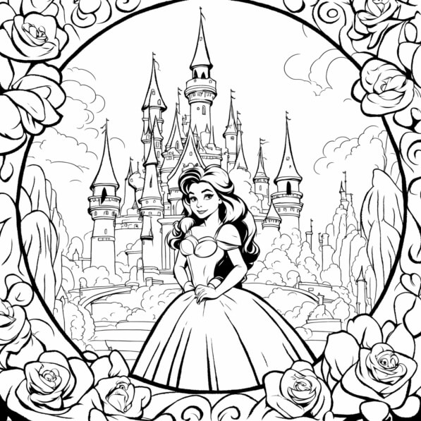 Download Disney Princess Coloring Page with Castle and Roses Background ...