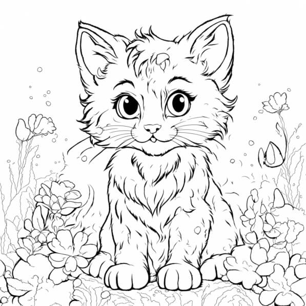 Download Cute Kitten Coloring Page with Flowers Coloring pages Online ...