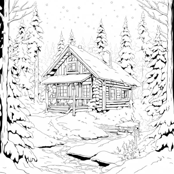 Download Black and White Coloring Page: Old Log Cabin in Snowy Woods ...