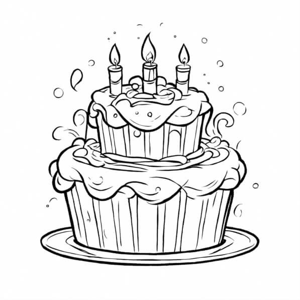 Download Black And White Birthday Cake With Three Candles Coloring Pages Online Creative Fabrica