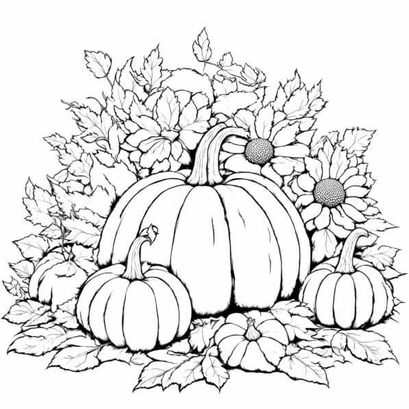 Download Fall-Themed Coloring Page with Pumpkins, Flowers, and Leaves ...