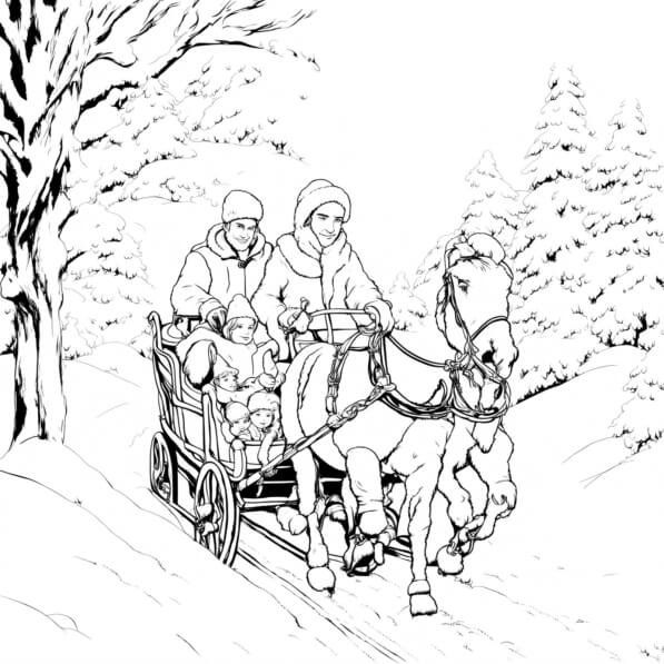 Download Horse-Drawn Sleigh Ride in Snowy Landscape Coloring pages ...