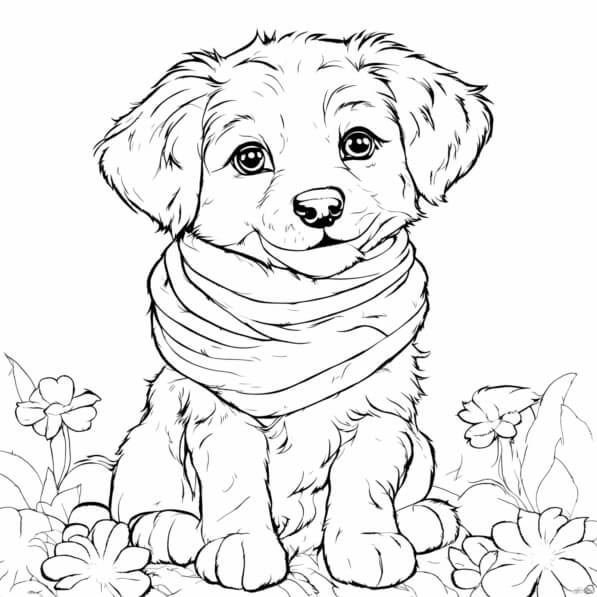Download Cute Puppy in the Grass with Scarf and Flowers Coloring pages ...