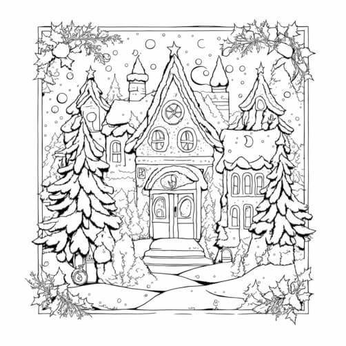 Download Winter Scene Coloring Page with Bridge and Trees Coloring ...