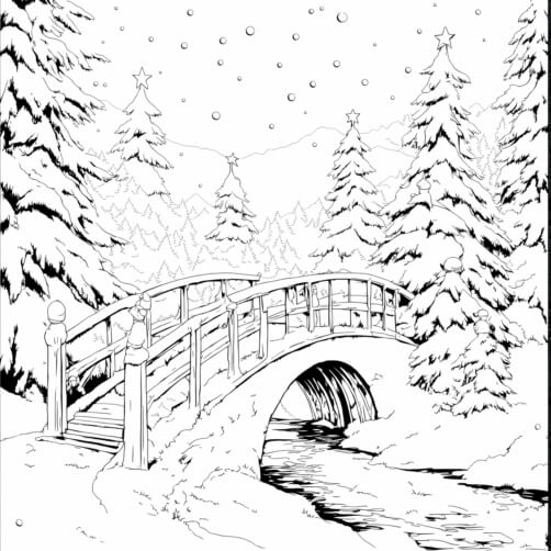 Download Winter Scene Coloring Page with Bridge and Trees Coloring ...