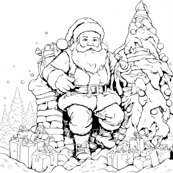 Descarga Página para colorear de Santa Claus en un árbol con regalos ...