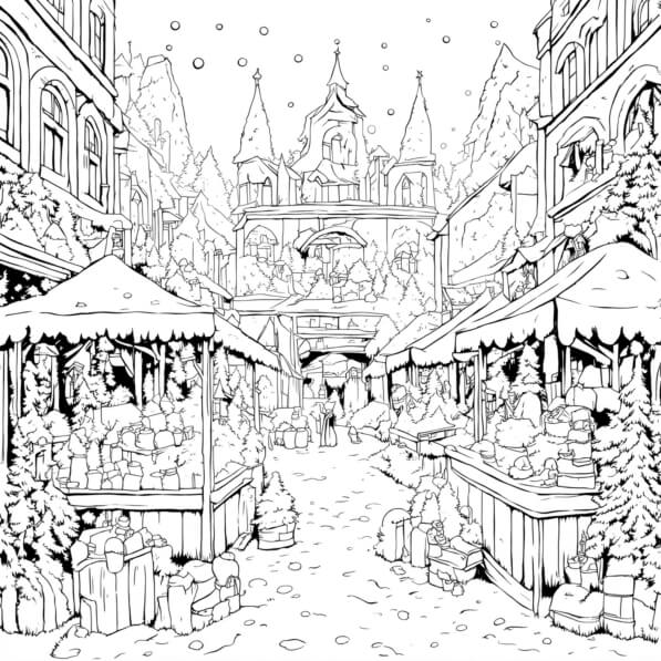 Download Winter Market Coloring Page with Snowy Trees and Decorations ...