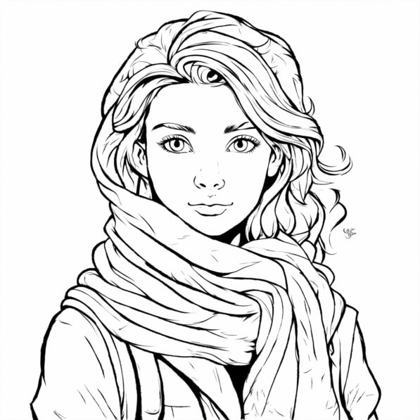 Download Coloring Page: Girl with Long Curly Hair and Scarf Coloring ...