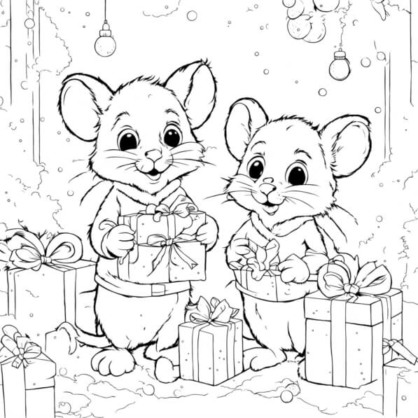Download Snowy Winter Scene Coloring Page with Mice and Presents ...