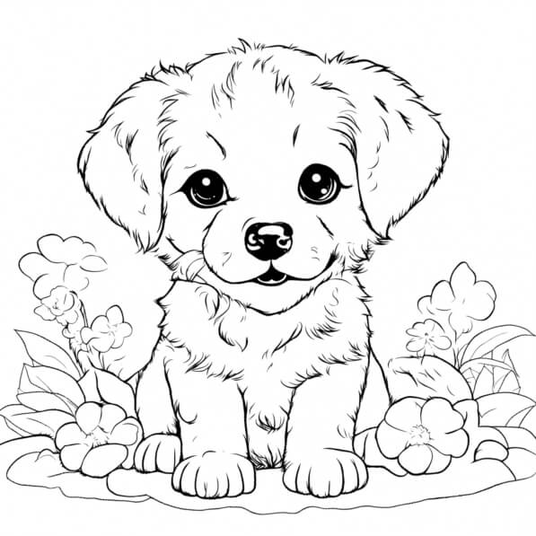 Download Cute Puppy in Grass with Flowers Coloring pages Online ...