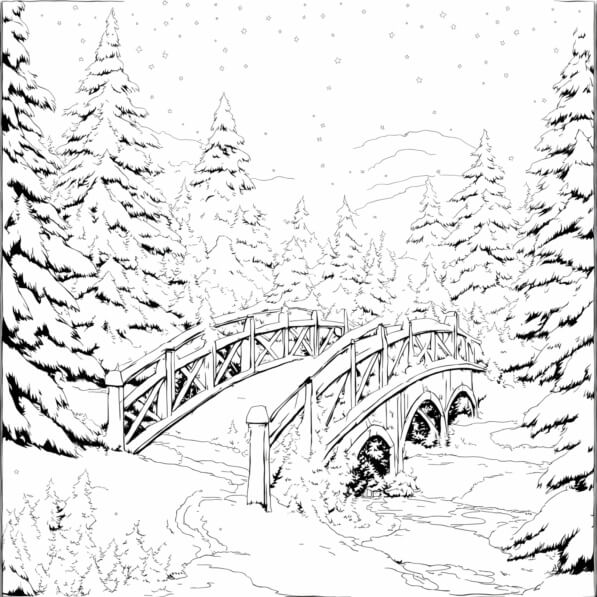 Download Snowy Bridge and Trees in Winter Forest Coloring pages Online ...