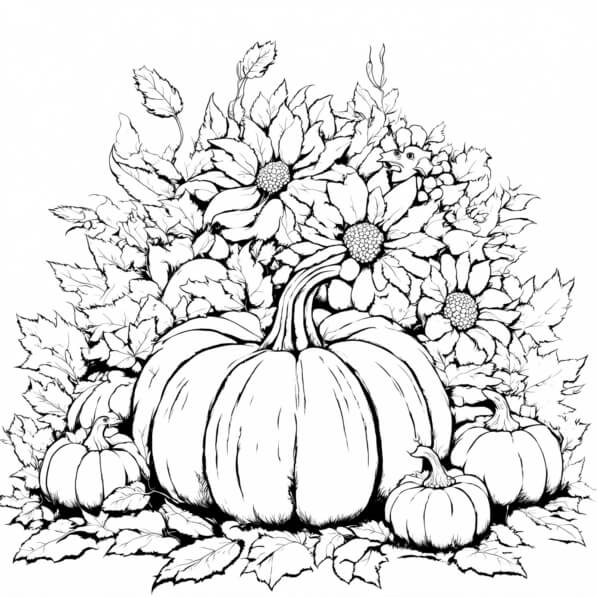 Download Fall Coloring Page with Pumpkins and Flowers Coloring pages ...