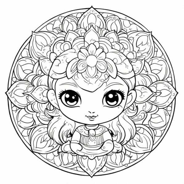 Download Cute Girl Coloring Mandala Page with Flowers and Leaves ...