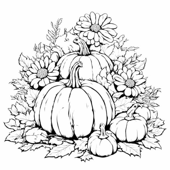 Download Fall-Themed Coloring Page with Pumpkins, Flowers, Leaves, and ...
