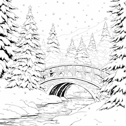 Download Winter Scene Coloring Page with Bridge and Trees Coloring ...